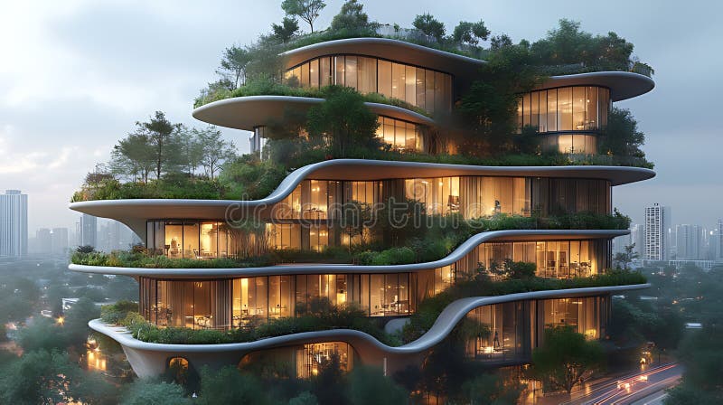 Eco-friendly Building, City Skyline, Dusk, Rendering, Architecture ...