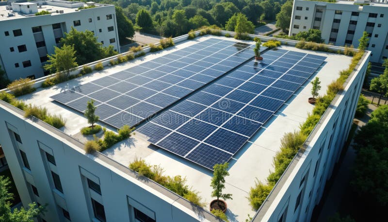 Eco Friendly Building Rooftop Features Solar Panels. Greenery Grows on ...