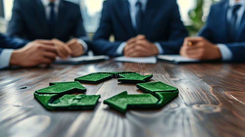 Eco-friendly Business Meeting with Recycle Emblem on Executive Table ...