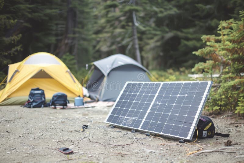 Eco-friendly Camping Setup with Portable Solar Panel in a Forest Stock ...