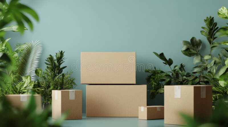 Eco Friendly Cardboard Boxes and Lush Greenery Stock Illustration ...