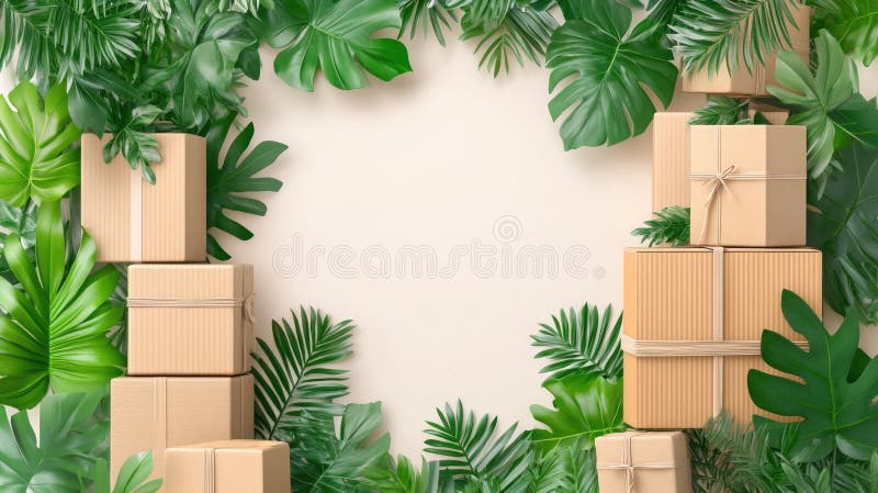 Eco-friendly Cardboard Packages Surrounded by Lush Tropical Greenery ...