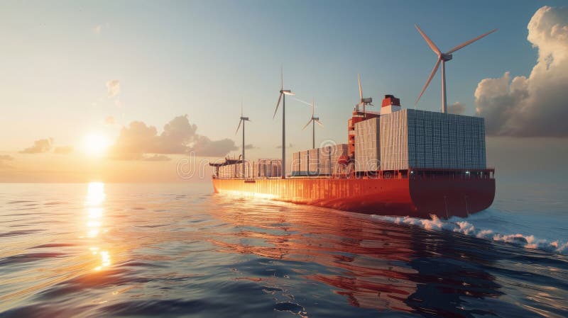 Eco-friendly Cargo Ship Powered by Wind Turbines Sailing at Sunset ...