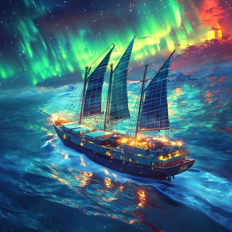 Eco Friendly Cargo Ship Sailing through Aurora Lit Ocean Stock ...