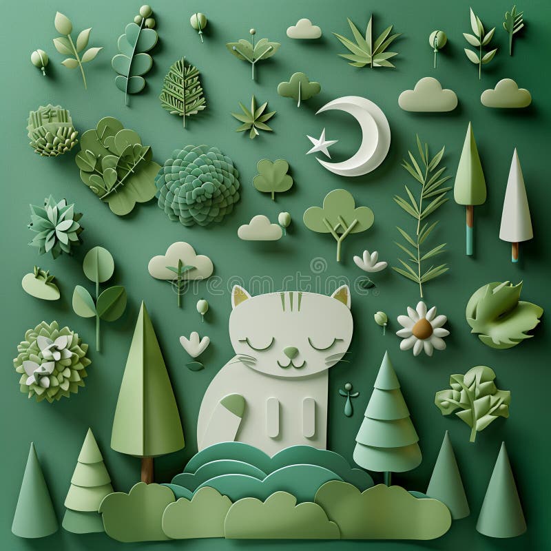 Eco-friendly Cat Crafts Flat Design Top View Theme Forest 3D Render ...