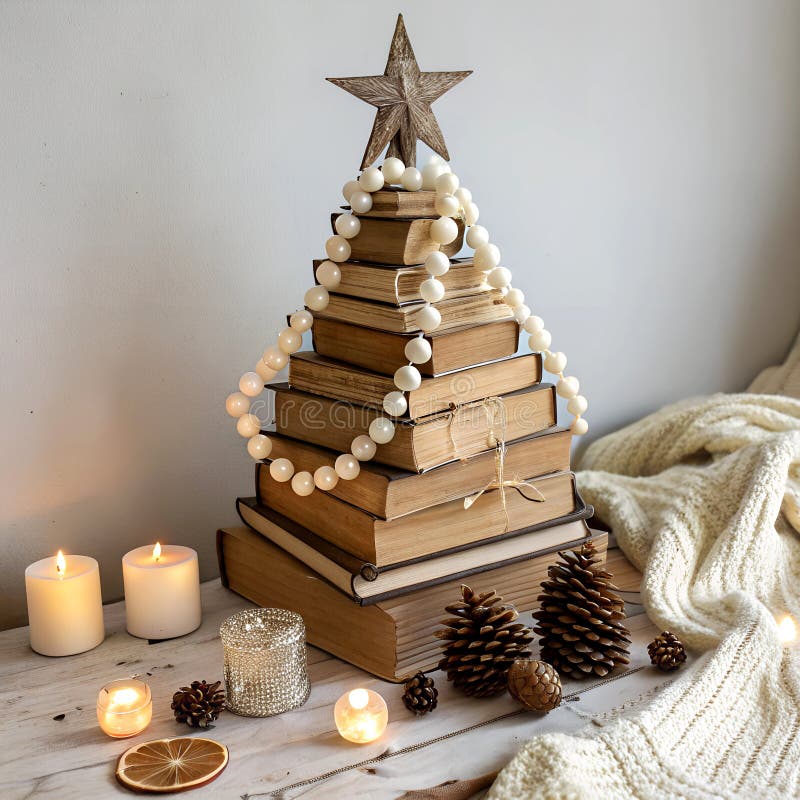 Eco Friendly Christmas Book Tree with Candles and Pine Cones for ...