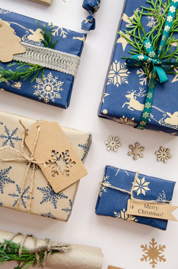 Eco Friendly Christmas Composition with Gift Boxes in Craft Reusable ...