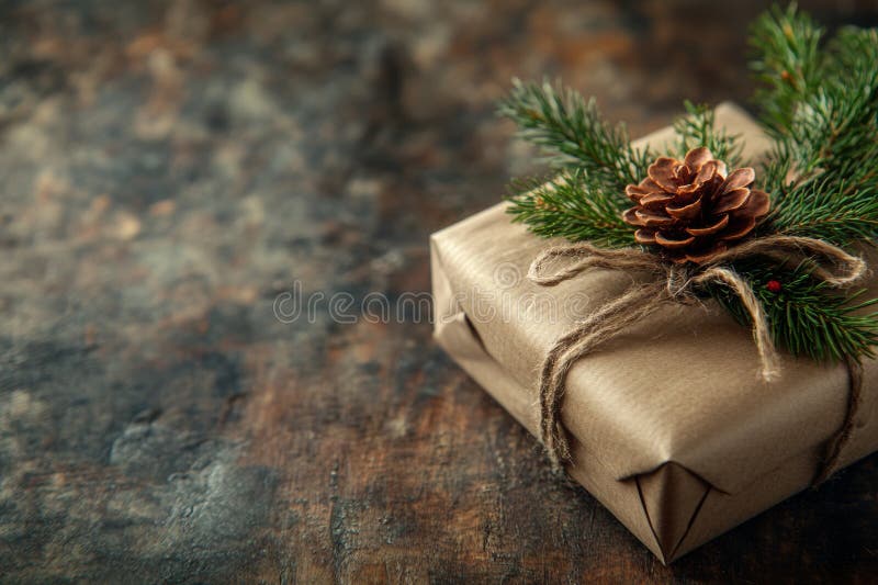 Eco-friendly Christmas Gift Wrapped in Rustic Packaging on Wooden Table ...