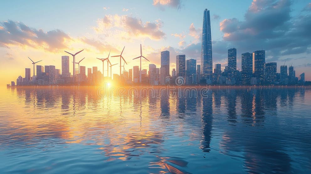 Eco Friendly Cityscape with Wind Turbines and Sunset Reflection Stock ...