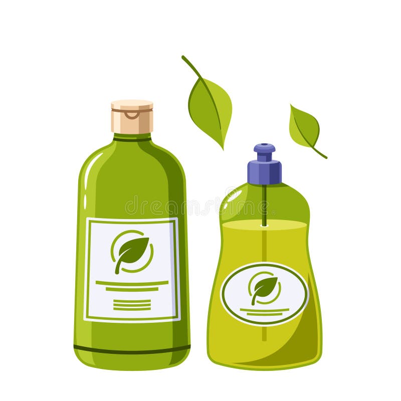 Eco-friendly Cleaning Products in Green Bottles with Leaf Symbols ...