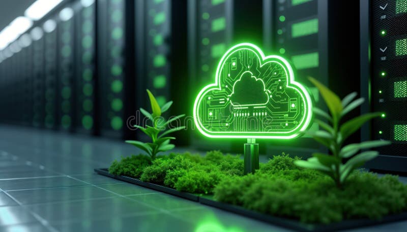 Eco-friendly Cloud Computing Concept. Green Energy Icons on Data ...
