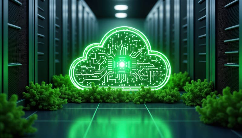 Eco Friendly Cloud Computing Concept. Green Glowing Cloud Icon with ...