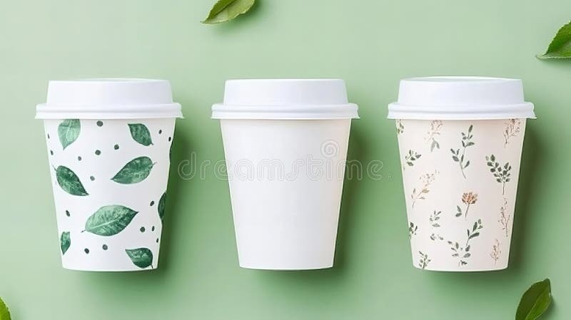 Eco-friendly Coffee Cups with Nature Designs on Green Background Stock ...
