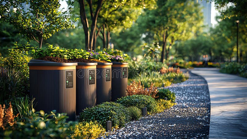 Eco Friendly Composting Bins in Lush Park Setting with Vibrant Plants ...