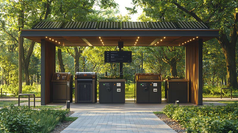 Eco Friendly Composting Station with Solar Panels in Park Setting Stock ...