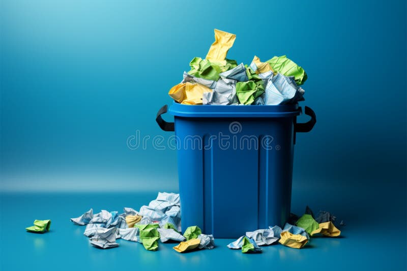 Eco Friendly Concept Blue Bin Holds Crumpled Paper for Recycling Stock ...