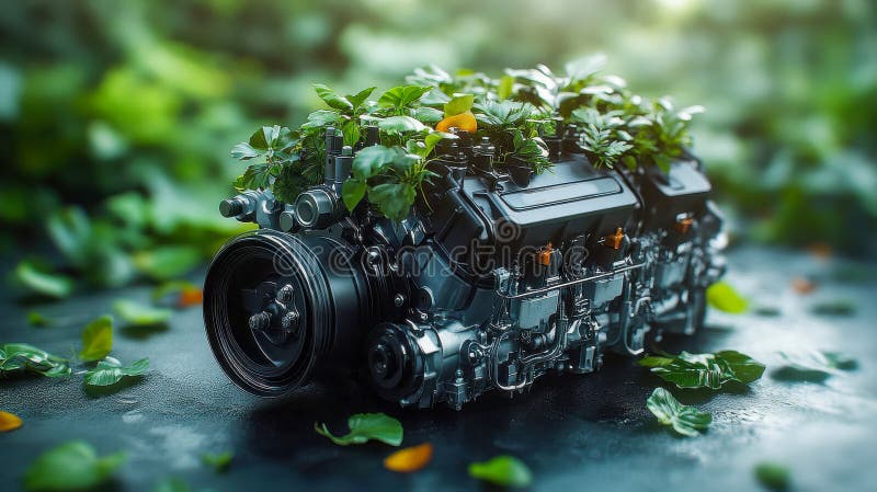 Eco-friendly Concept Featuring a Modern Car Engine Overgrown with Green ...