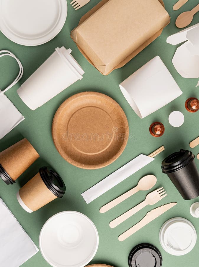 Eco Friendly Disposable Tableware on Green Background Stock Image ...