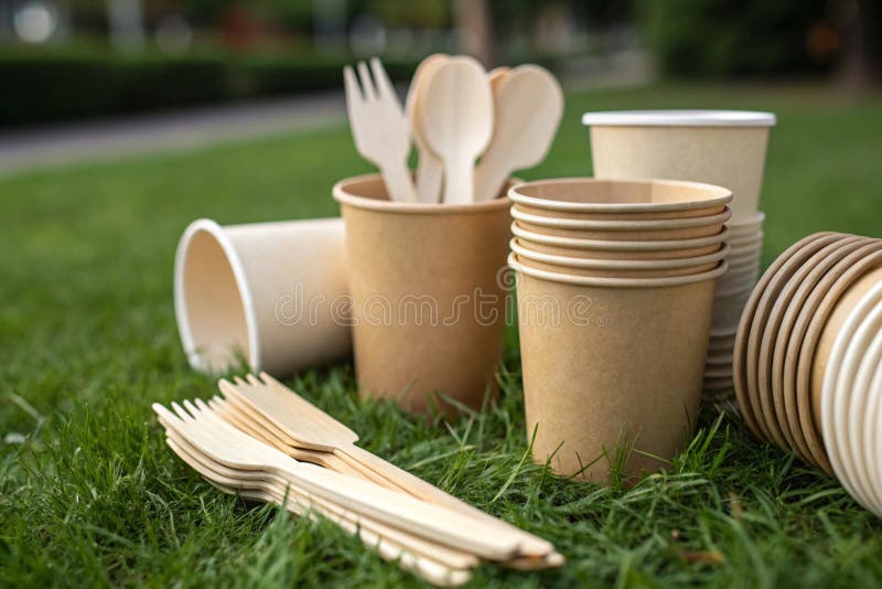 Eco-friendly Disposable Tableware on Green Grass Stock Illustration ...