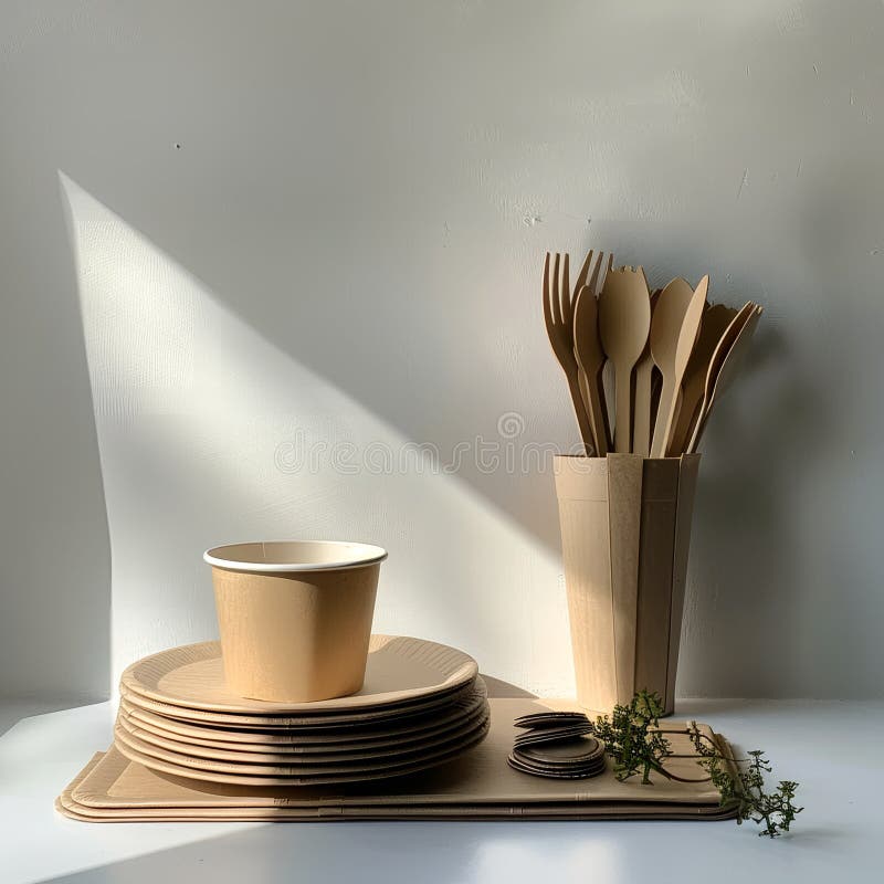 Eco Friendly Disposable Tableware Isolated on a White Background Stock ...