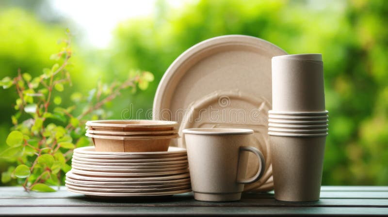 Eco-friendly Disposable Tableware Stacked Outdoors with Green ...