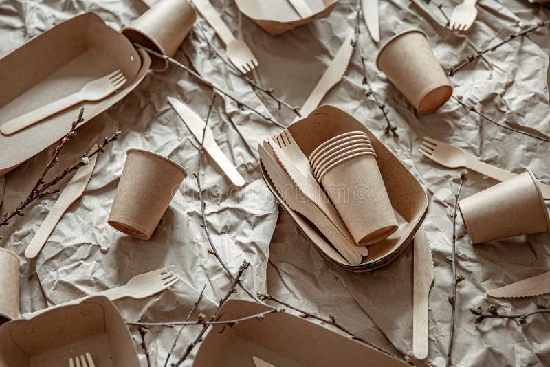 Disposable Environmentally Friendly Tableware and Cutlery Top View ...
