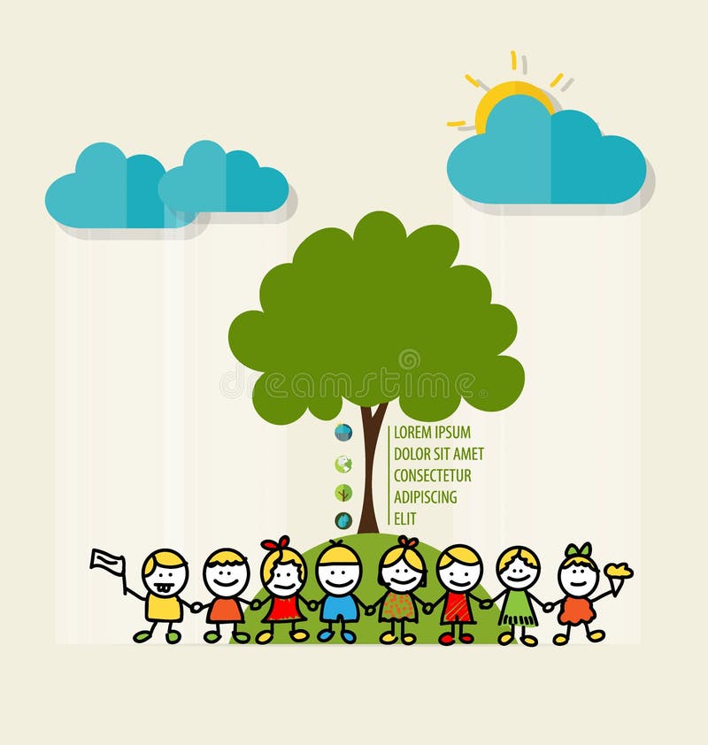 ECO FRIENDLY. Ecology Concept with Cute Children and Tree. Vector ...
