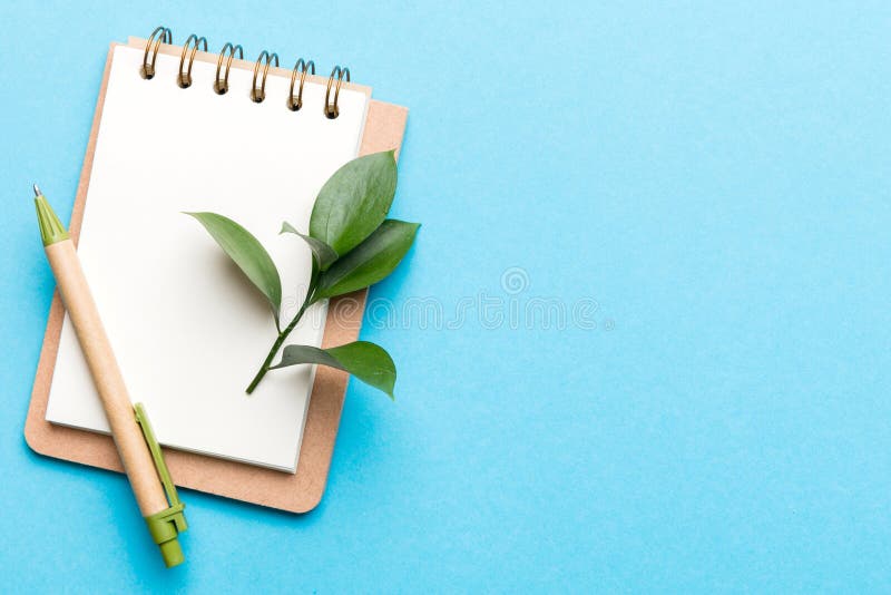 Eco-friendly Empty Notebook with Pen and Green Leaf on Colored ...