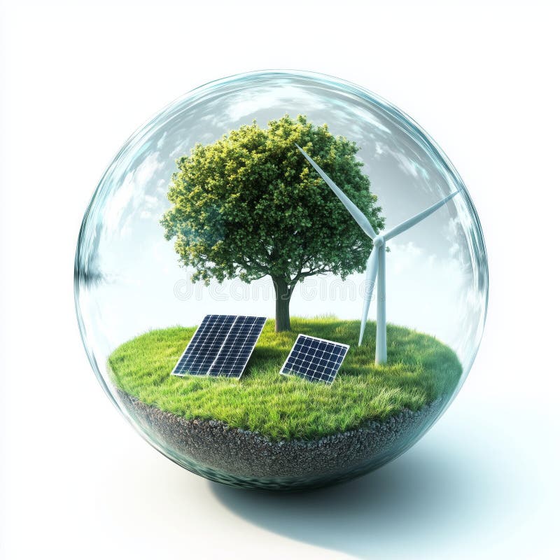 Eco-friendly Energy: Solar Panels Tree and Wind Turbine in Glass Sphere ...