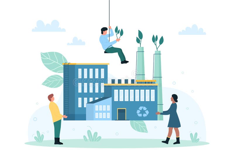 Eco Friendly Factory, Green Technology, Tiny People Holding Building ... Eco Friendly Factory, Green Technology, Tiny People Holding Building ...