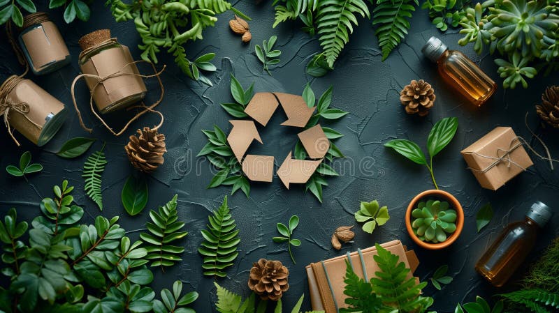Eco-Friendly Flat Lay with Recycle Symbol and Natural Elements Stock ...
