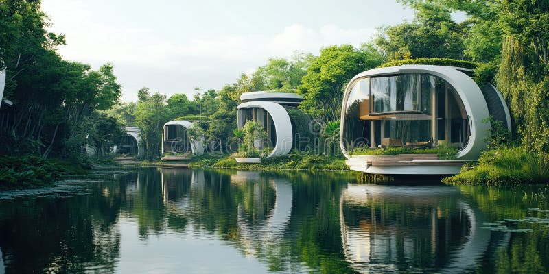 Cluster of Eco-friendly Triangular Homes with Solar Panels, Glowing ...