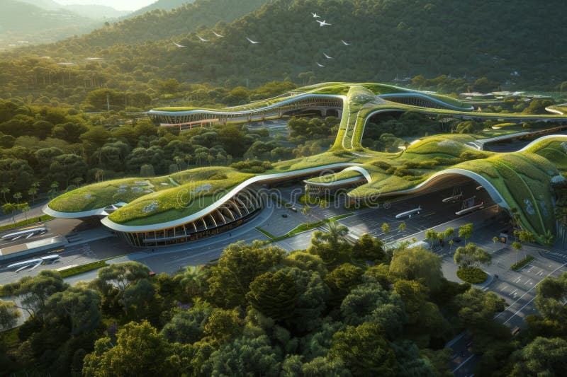 Eco-Friendly Futuristic Transport Hub Amidst Lush Greenery Stock Image ...