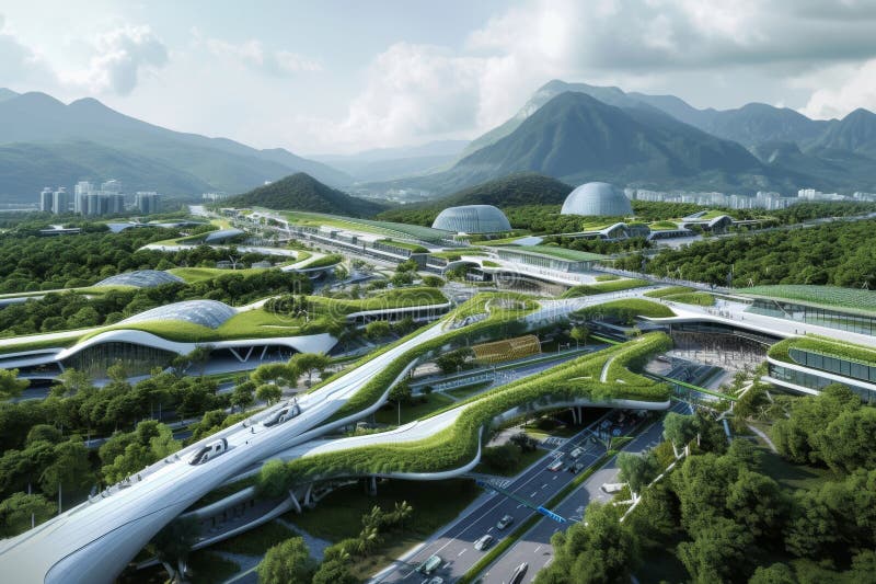Eco-Friendly Futuristic Transportation Hub Amidst Lush Greenery Stock ...