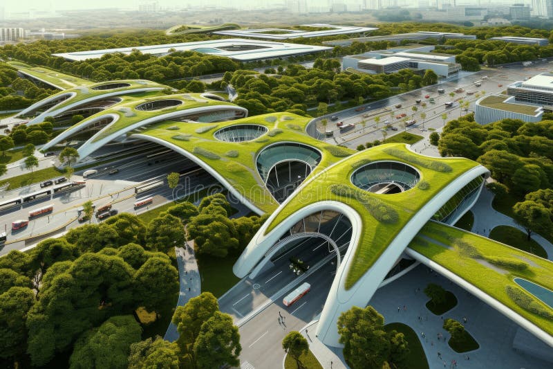 Eco-Friendly Futuristic Transportation Hub Amidst Lush Greenery Stock ...