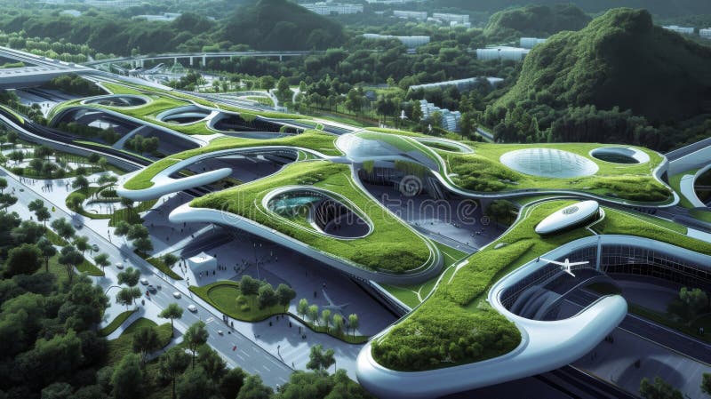 Eco-Friendly Futuristic Transportation Hub Amidst Lush Greenery Stock ...