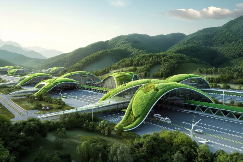 Eco-Friendly Futuristic Transportation Hub Amidst Lush Greenery Stock ...