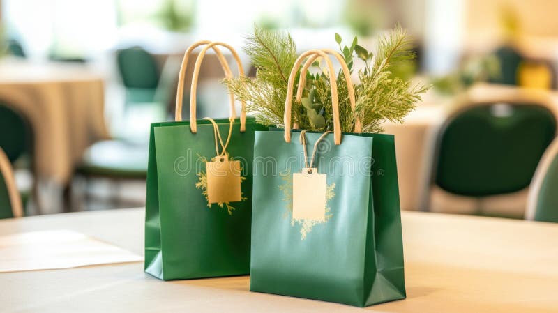 Eco-friendly Gift Bags with Greenery on a Table at an Event Stock Image ...