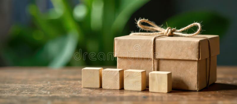 Eco-friendly Gift Box with Wooden Blocks on Rustic Table Stock ...