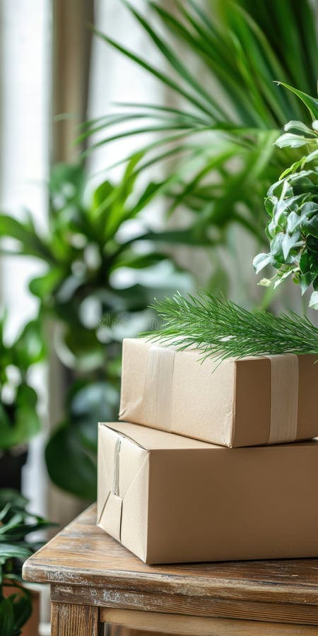 Eco Friendly Gift Boxes Surrounded by Lush Green Plants in Natural ...