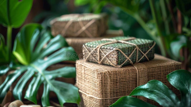 Eco-Friendly Gift Boxes Surrounded by Lush Greenery Stock Illustration ...