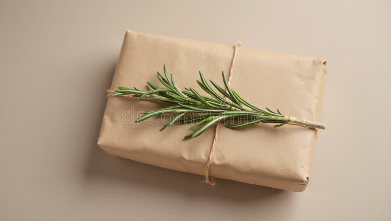 Eco Friendly Gift Package with Rosemary Sprig on Taupe Background Stock ...