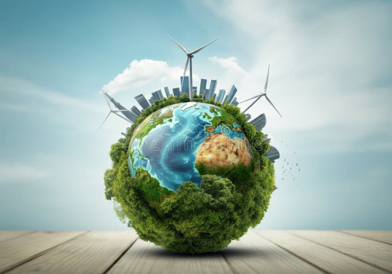 Eco Friendly Globe Wind Turbines Urban Skyline Symbolizing ...