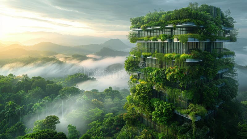 Eco-friendly Green Building in Misty Forest - Generative Ai Stock ...