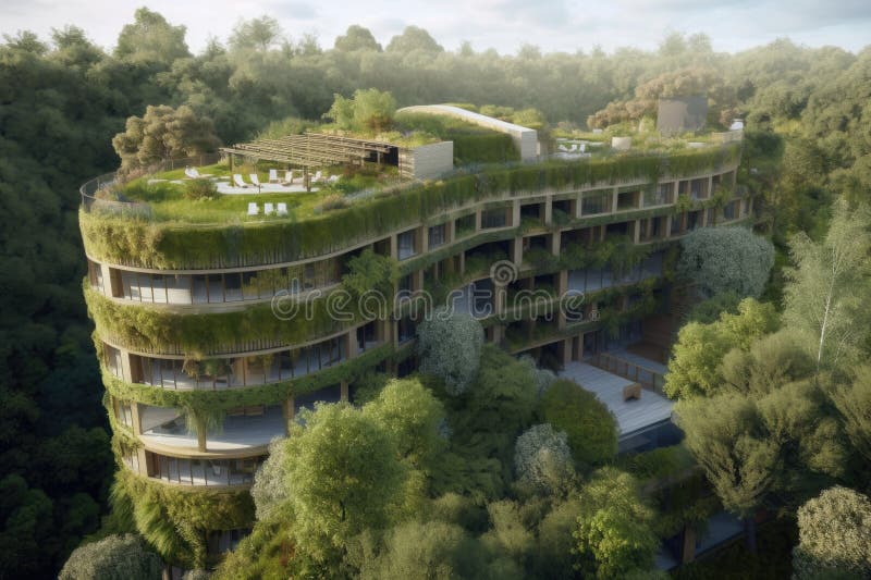 Eco-friendly Hotel, with Solar Panels and Green Roofs, Surrounded by ...