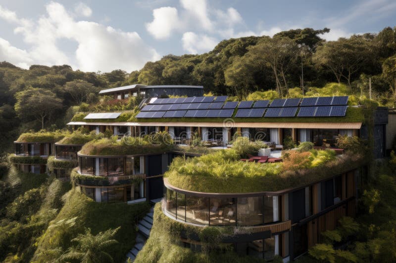 Eco-friendly Hotel, with Solar Panels and Green Roofs, Surrounded by ...