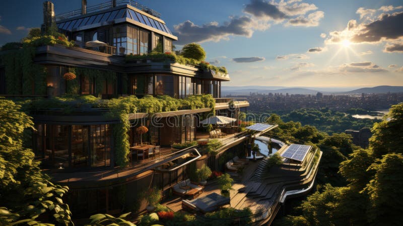 Eco-friendly Hotel with Solar Panels and Rooftop Garden. Created with ...