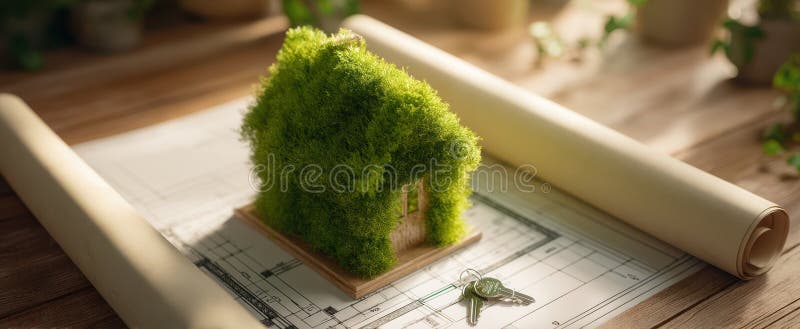 The Eco-friendly House Model on Blueprints Showcasing Sustainable ...