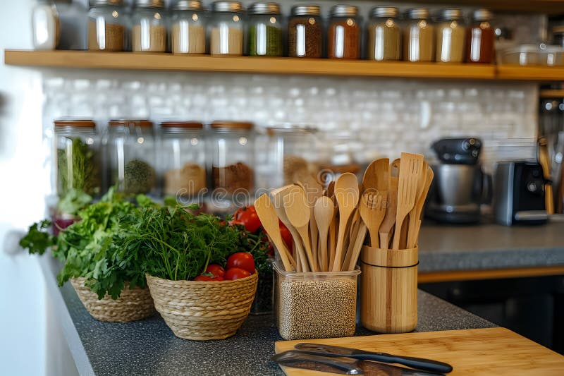 An Eco-friendly Kitchen with Bamboo Utensils, Reusable Containers, and ...