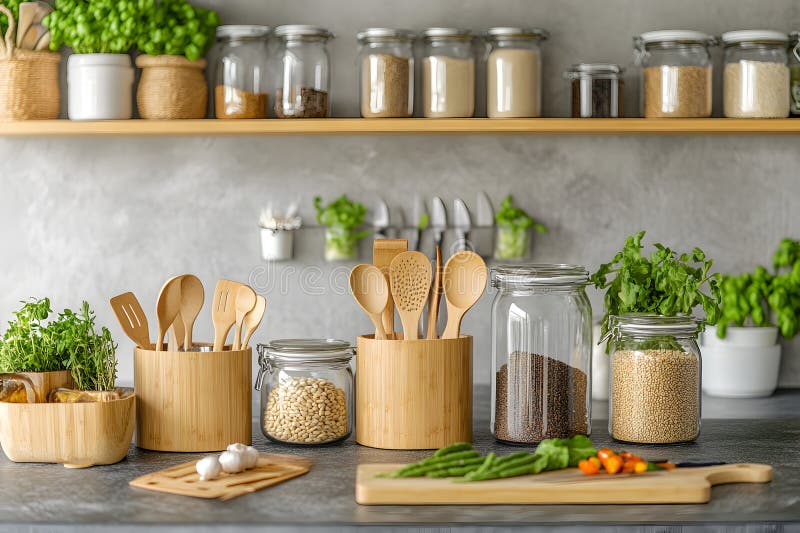 An Eco-friendly Kitchen with Bamboo Utensils, Reusable Containers, and ...